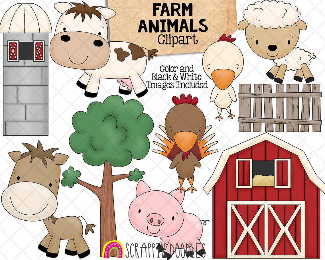 Farm Animals Clip Art Barn Silo Horse Cow Sheep Pig Chicken Cute Farm ...