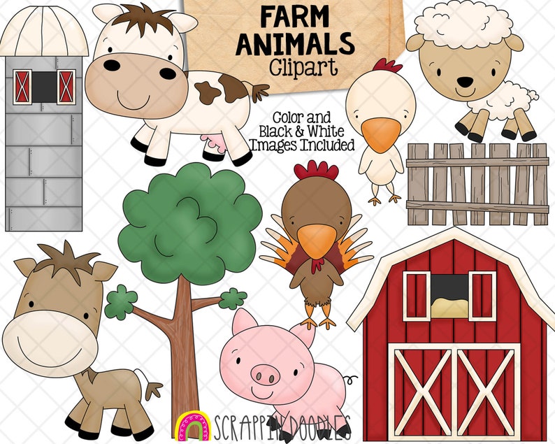 Farm Animals Clip Art Barn Silo Horse Cow Sheep Pig Chicken Cute Farm ...