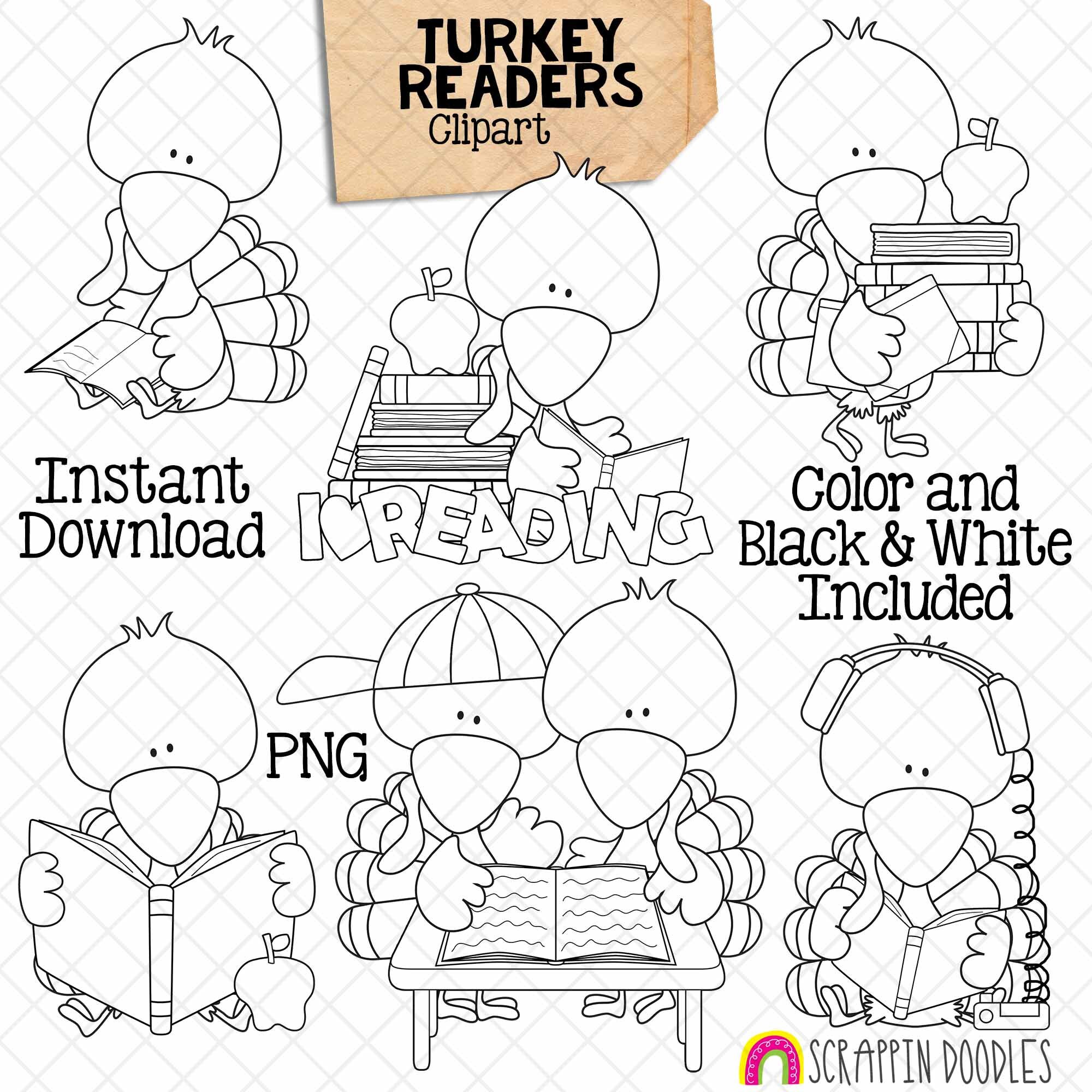 Turkey Clipart - Reading Turkeys Clip Art - Cute School Turkeys ...