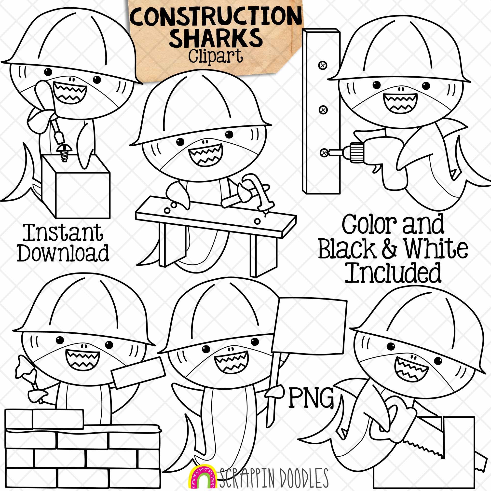 Construction Worker Sharks Clip Art Grey Sharks Laying Brick Hammering ...