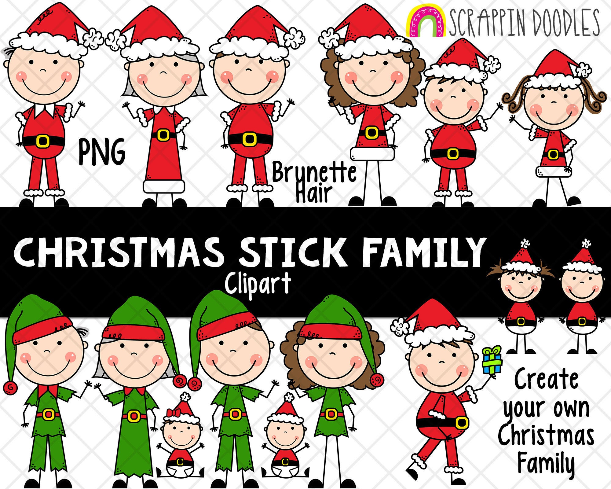 Christmas Stick Family Clip Art Various Hair Colors Stick - Etsy