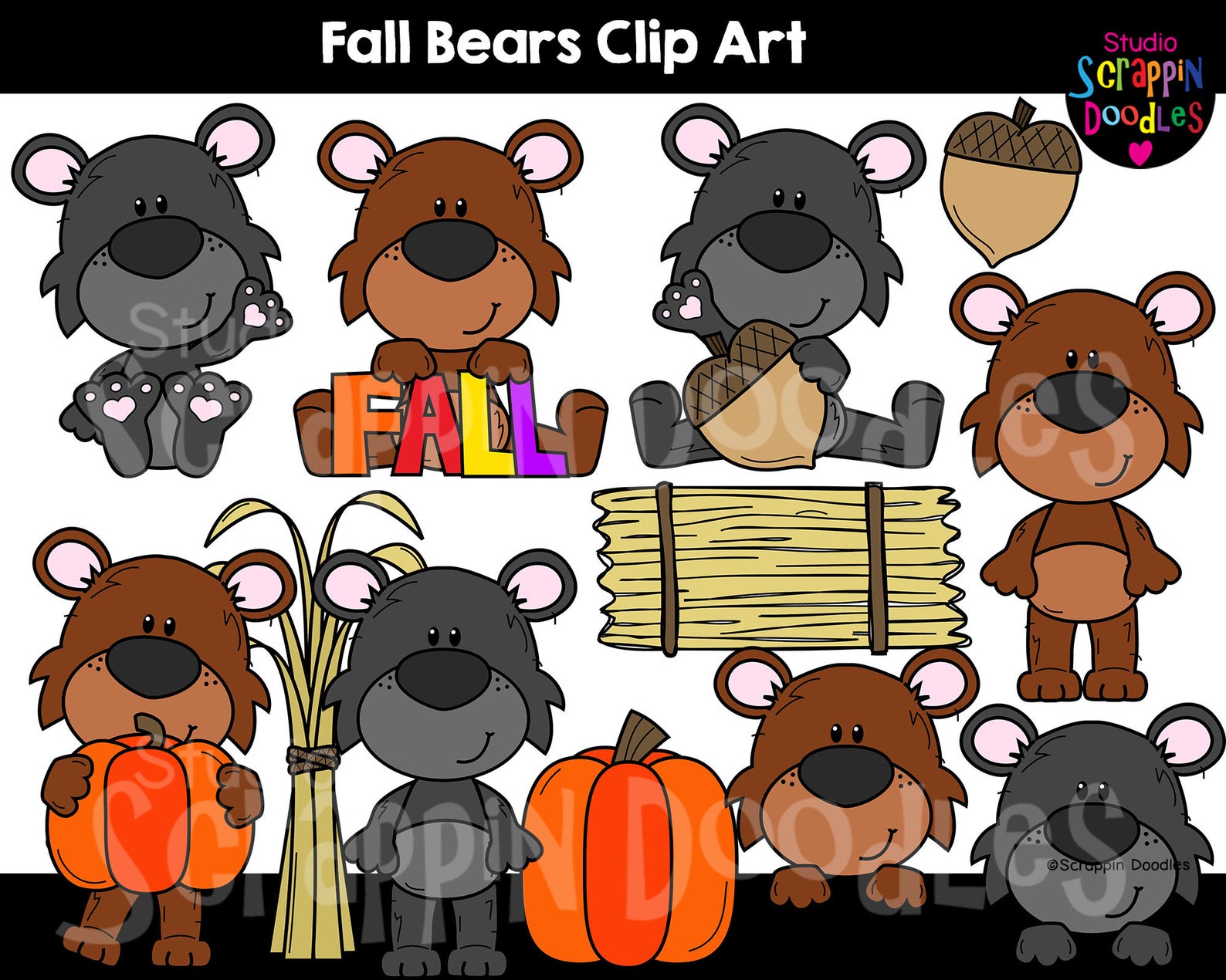 Fall Bears Clip Art - Cute Autumn Bear Graphics - Etsy