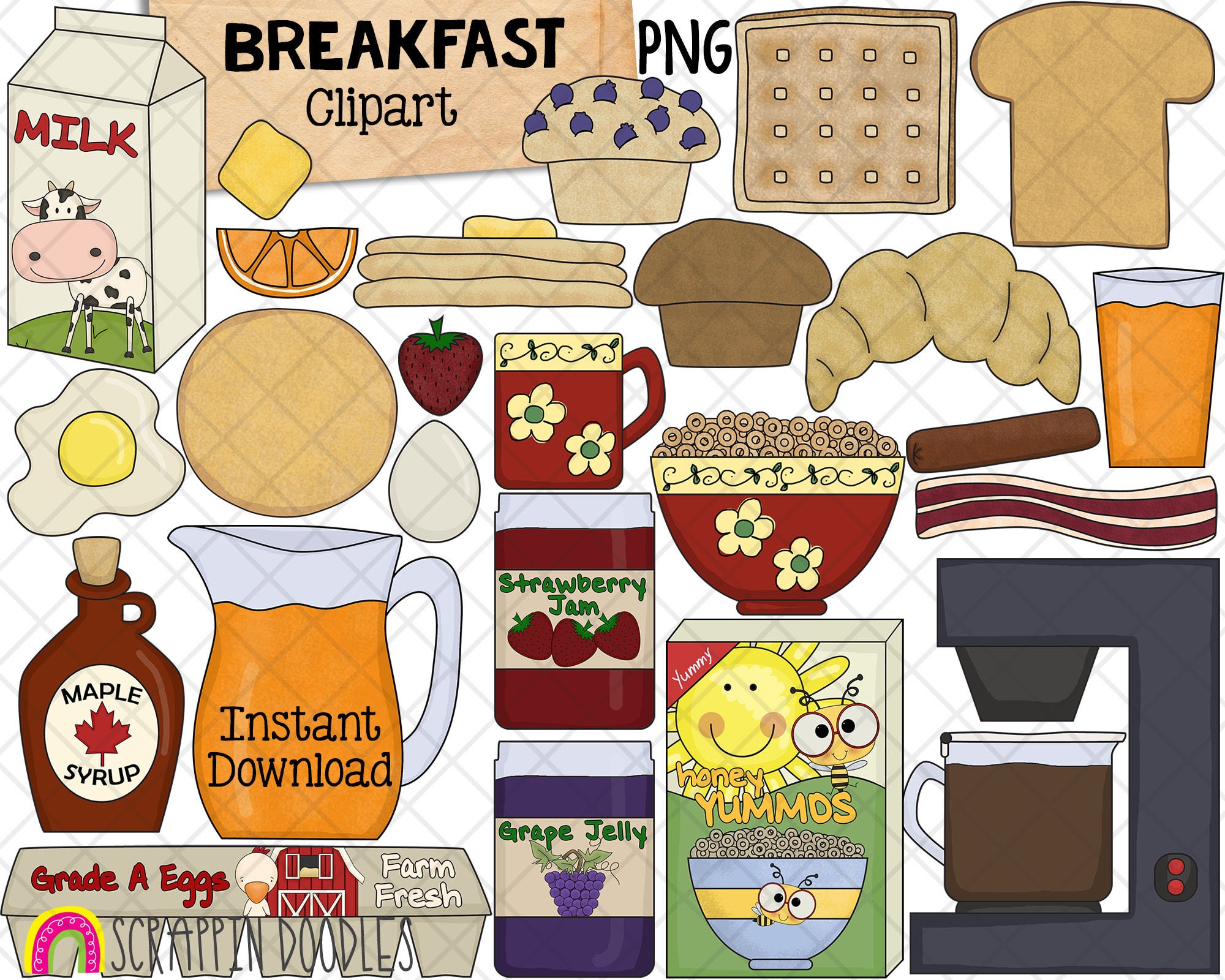 Breakfast Food Clipart Brunch Waffles Orange Juice Pancakes Bacon Slice ...