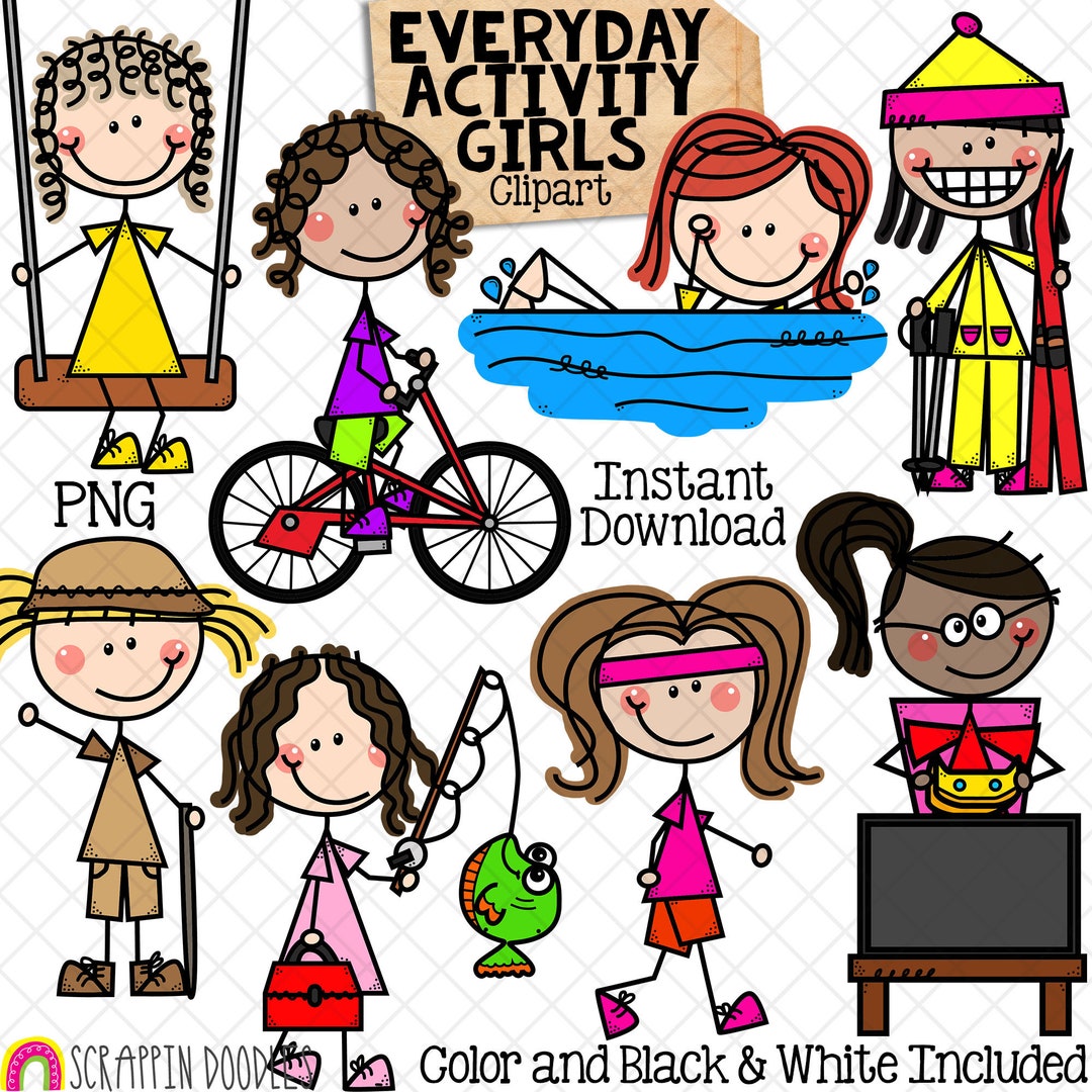 Everyday Activity Girls Clip Art - Doodle Girl - Hiking - Fishing ...