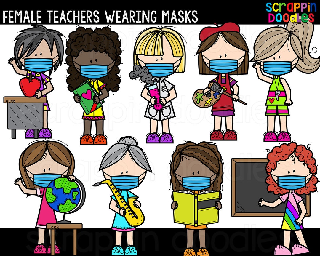 Female Teachers Wearing Masks Clip Art - Cute Commercial Teacher ...