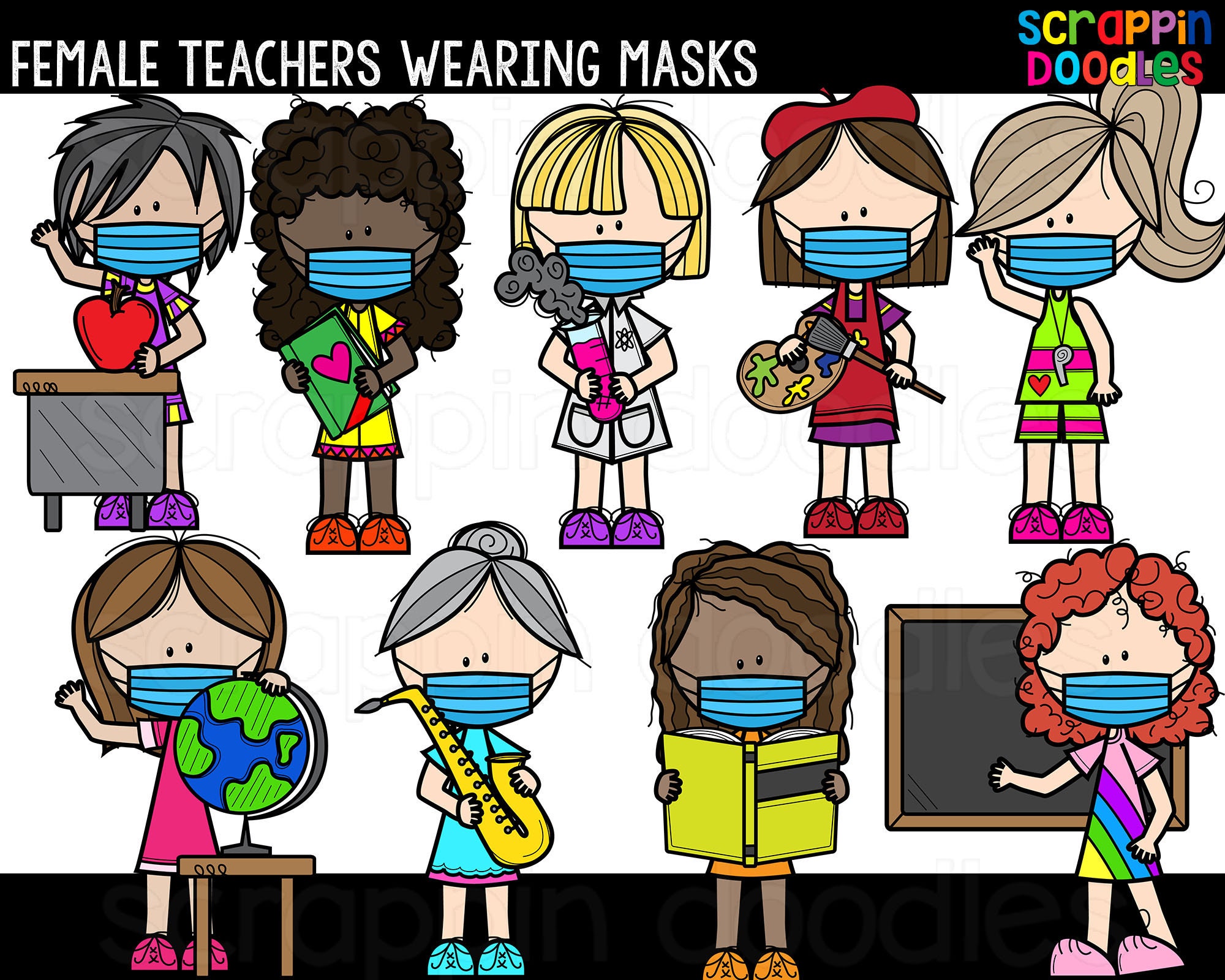 Female Teachers Wearing Masks Clip Art - Cute Commercial Teacher ...