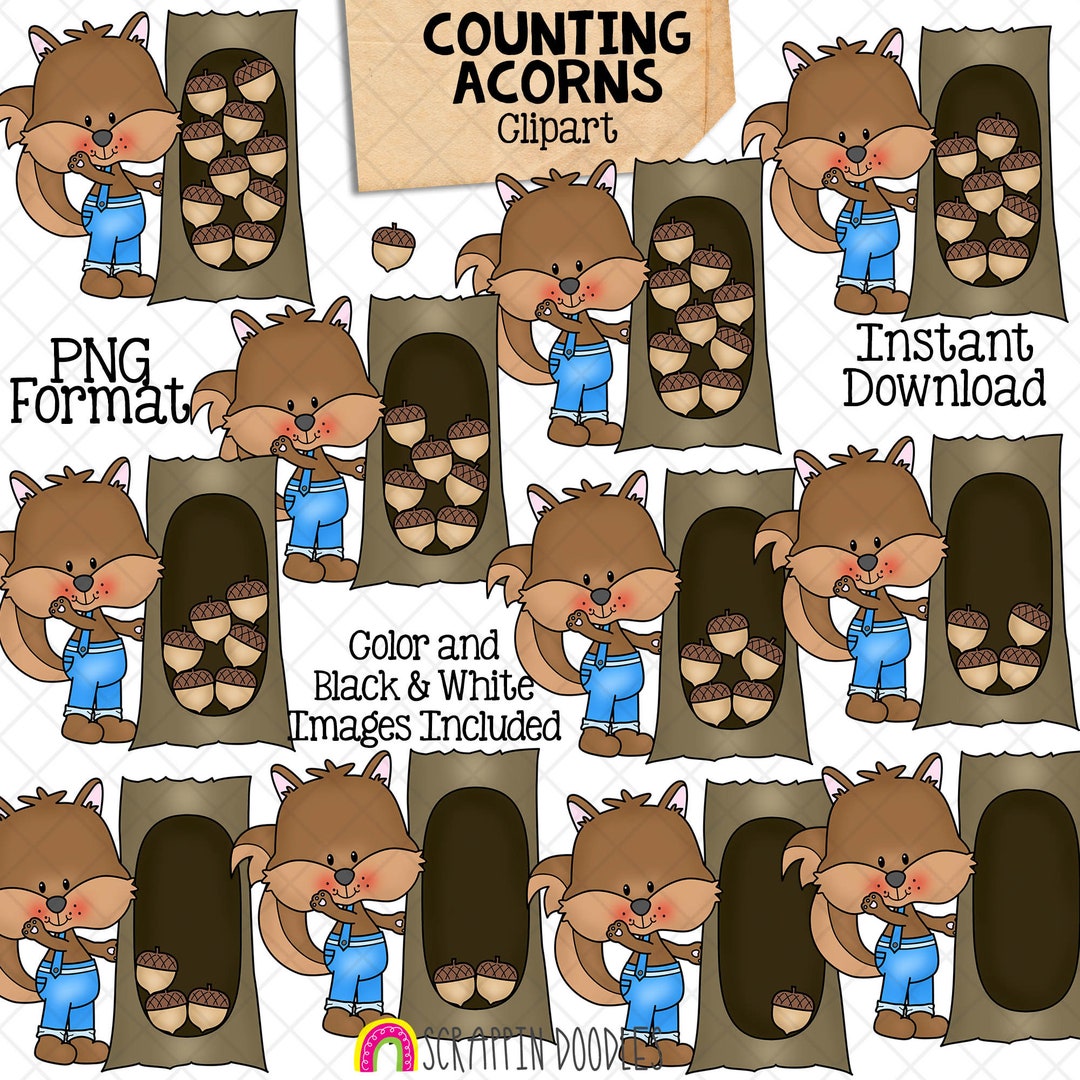 Counting Acorns Clipart - Autumn Squirrels Acorn Counting - Seasonal ...