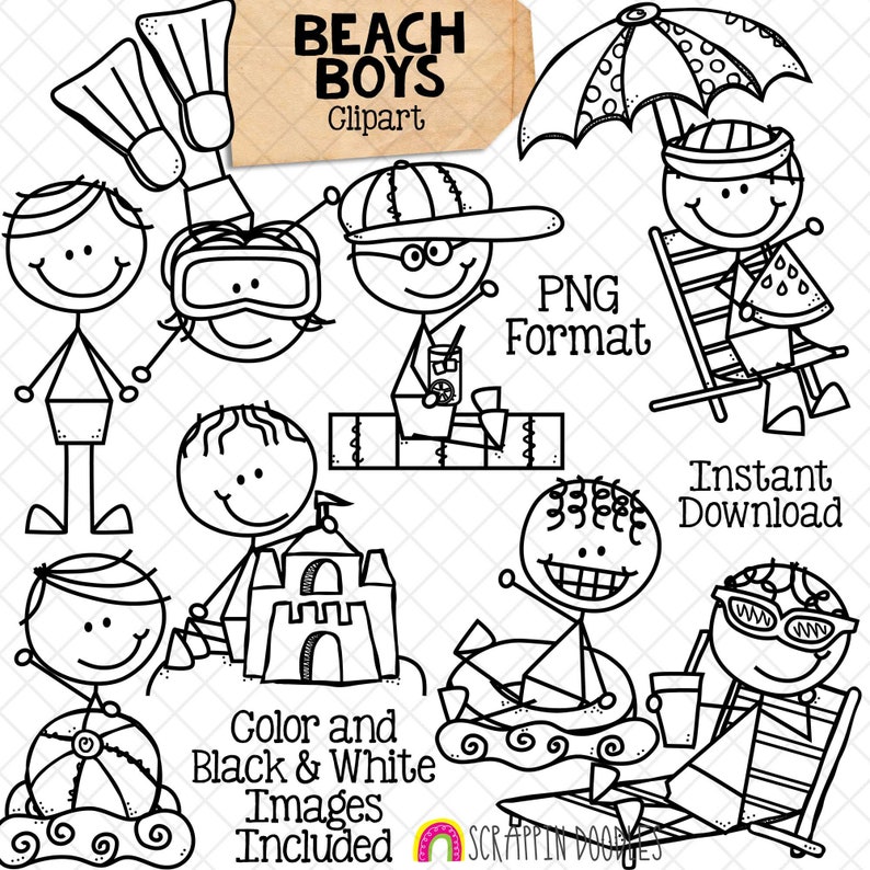 Beach Clip Art Doodle Boys at the Beach Kids Snorkeling Sun Bathing ...
