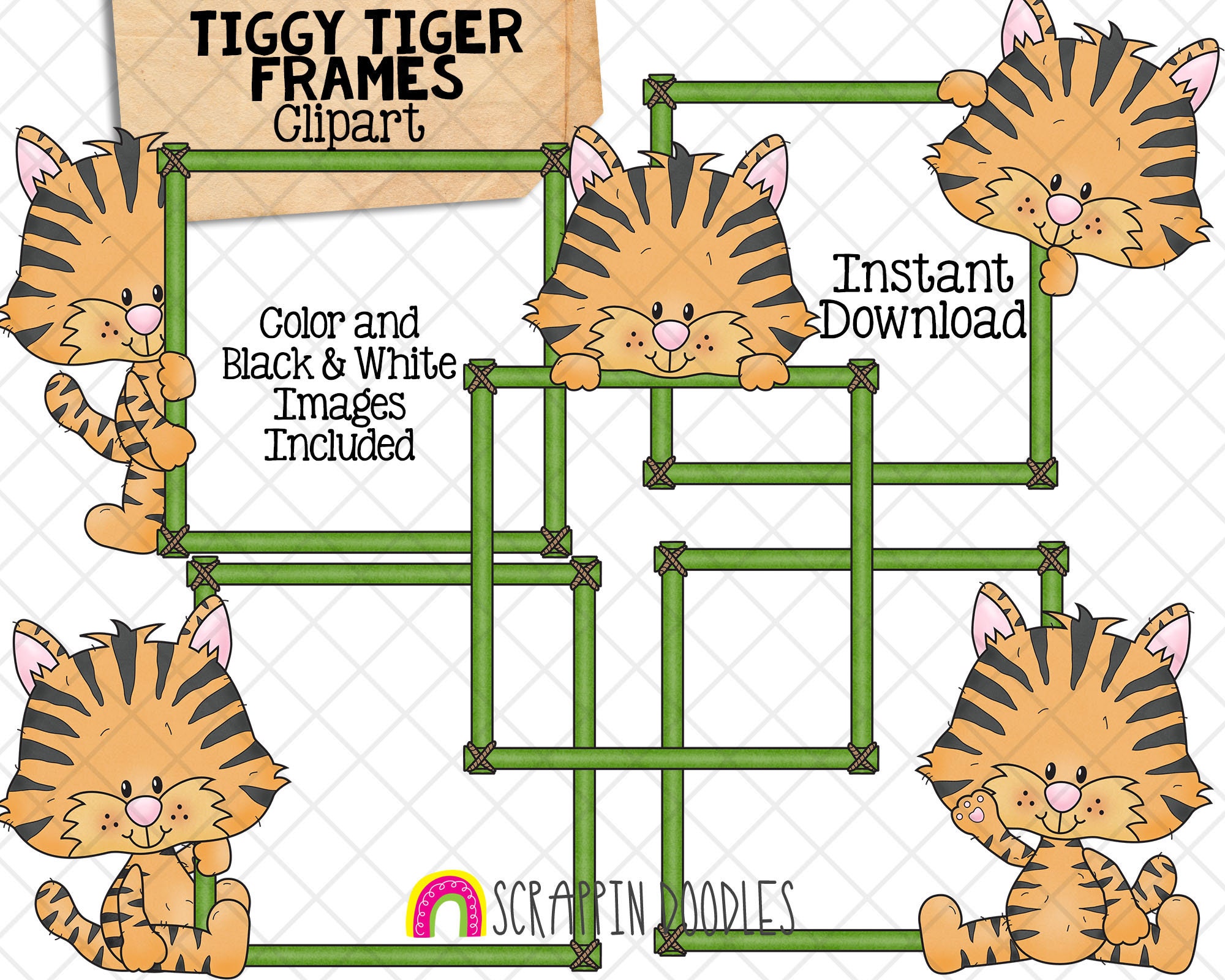 Tiger Clipart Bamboo Frames Baby Tiger Cub Jungle Cat Animals Posing ...