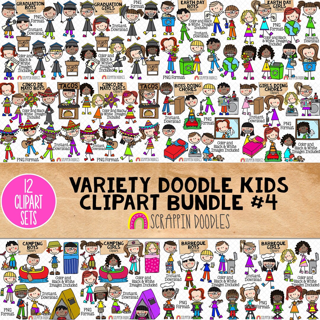 Doodle Kids Clipart Bundle 4 - Doodle Boy and Girl Bundle 4 - Camping ...
