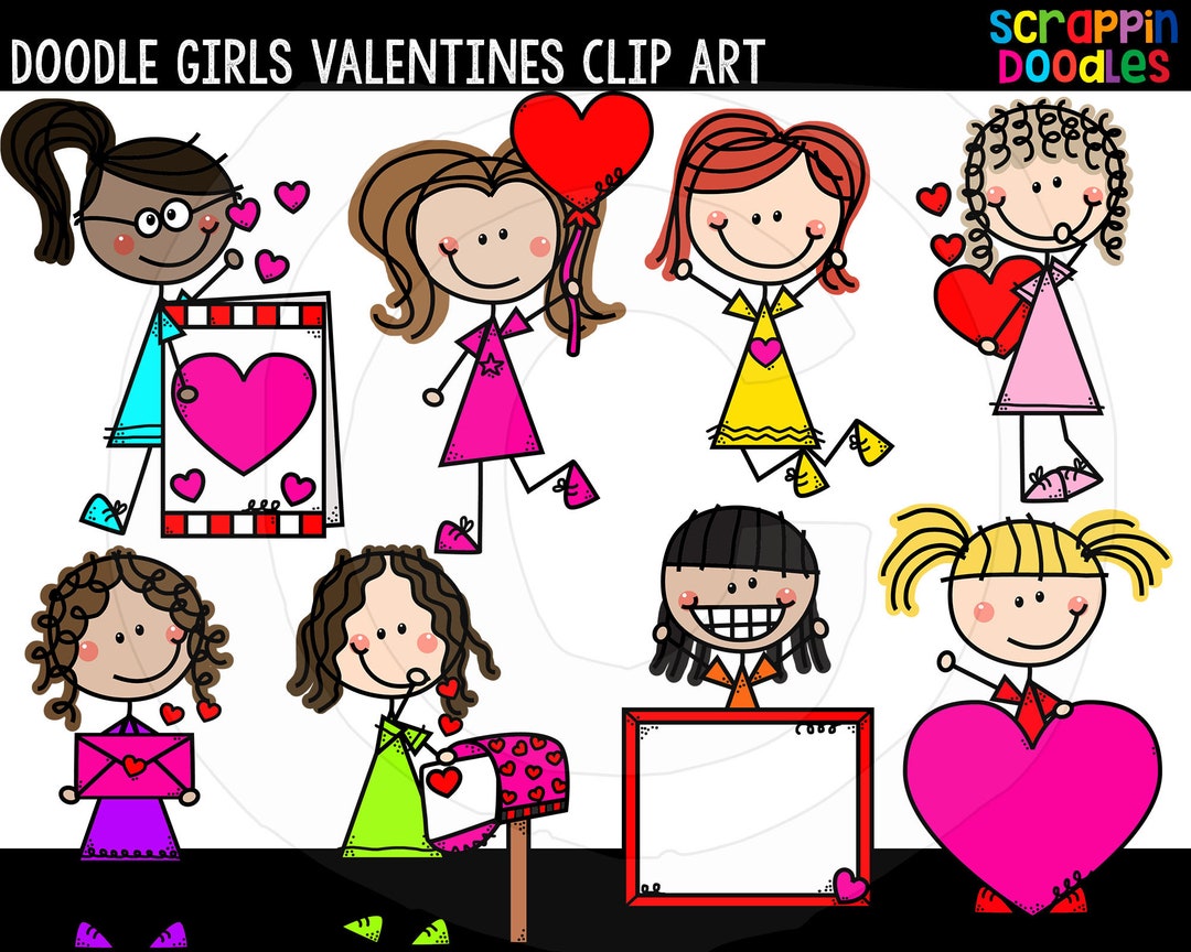 Doodle Girl Valentine Clip Art Cute Commercial Use Valentine - Etsy