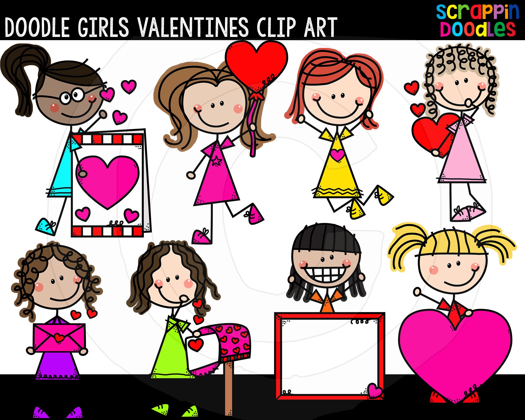Doodle Girl Valentine Clip Art Cute Commercial Use Valentine | Etsy
