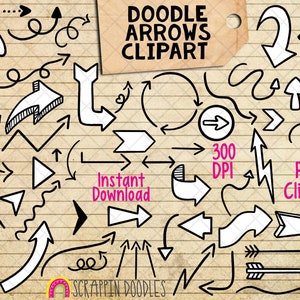 Doodle Arrows Clipart - Hand Drawn Black & White Arrow Graphics ...