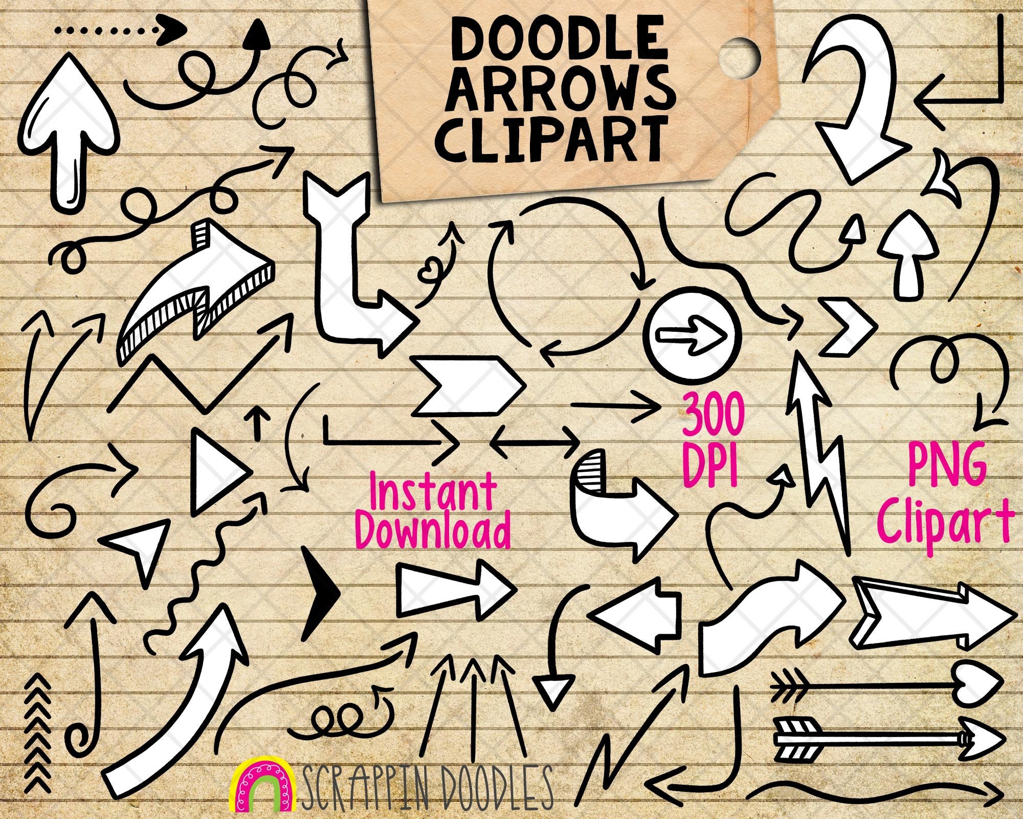 Doodle Arrows Clipart Hand Drawn Black & White Arrow Graphics ...