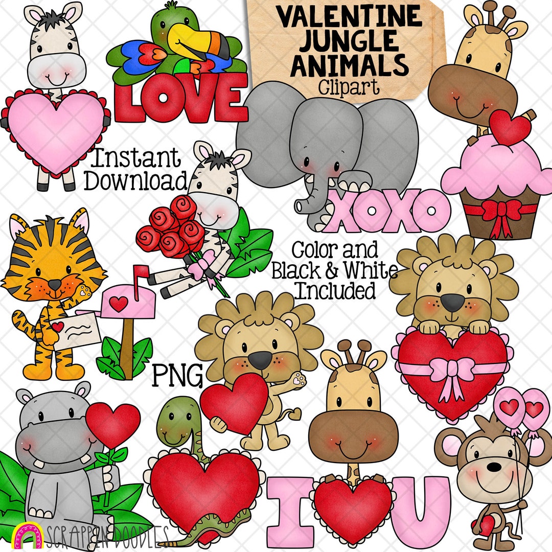 Valentine Jungle Animals Clip Art - Lion - Giraffe - Zebra - Elephant ...