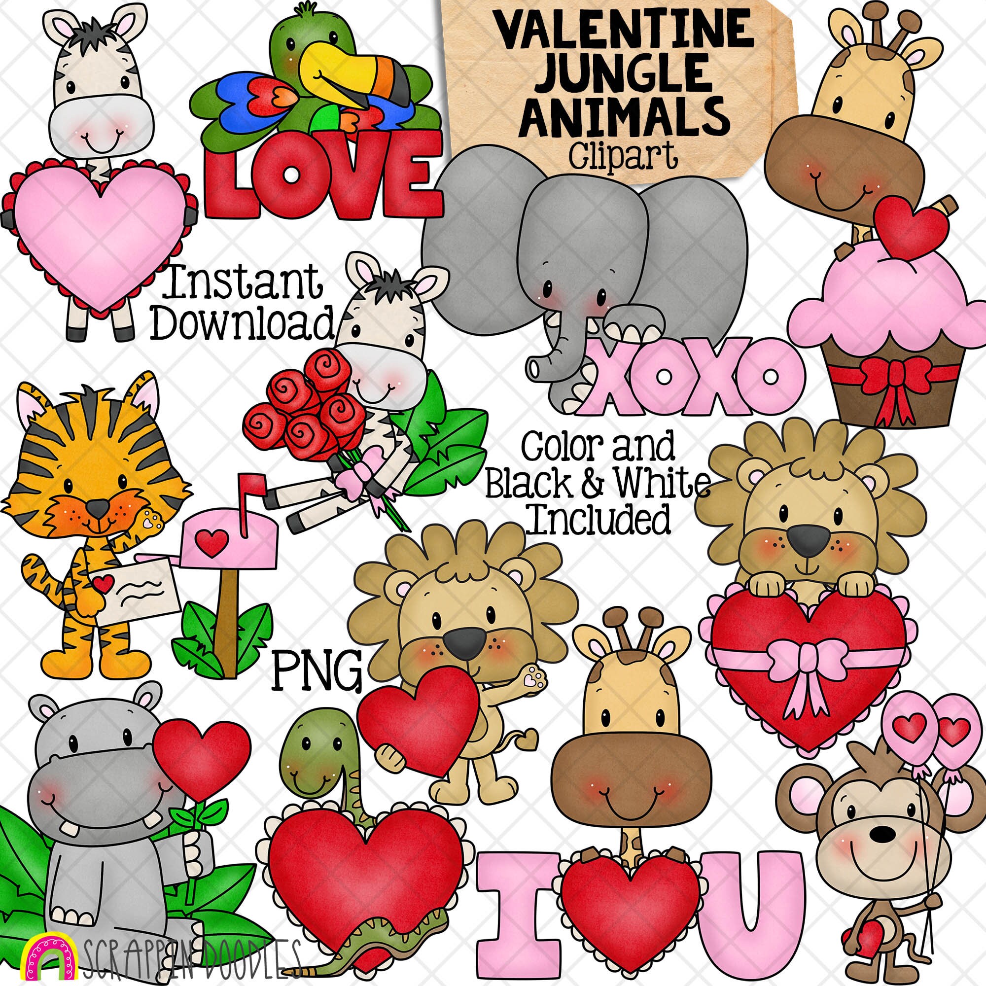 Valentine Jungle Animals Clip Art Lion Giraffe Zebra Elephant Hippo ...