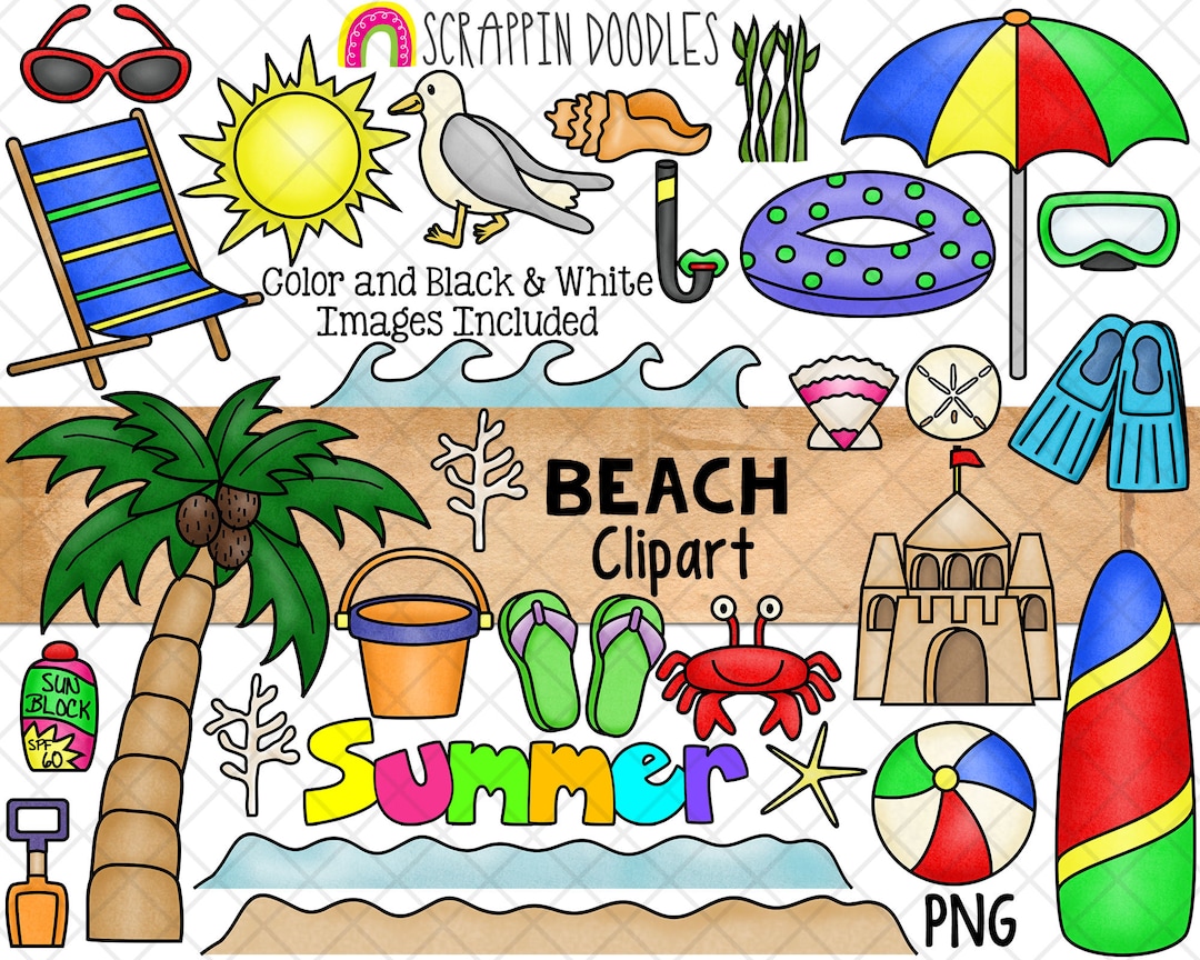 Beach Clipart - Sandcastle - Summer Sea Clip Art - Palm Tree - Surf ...