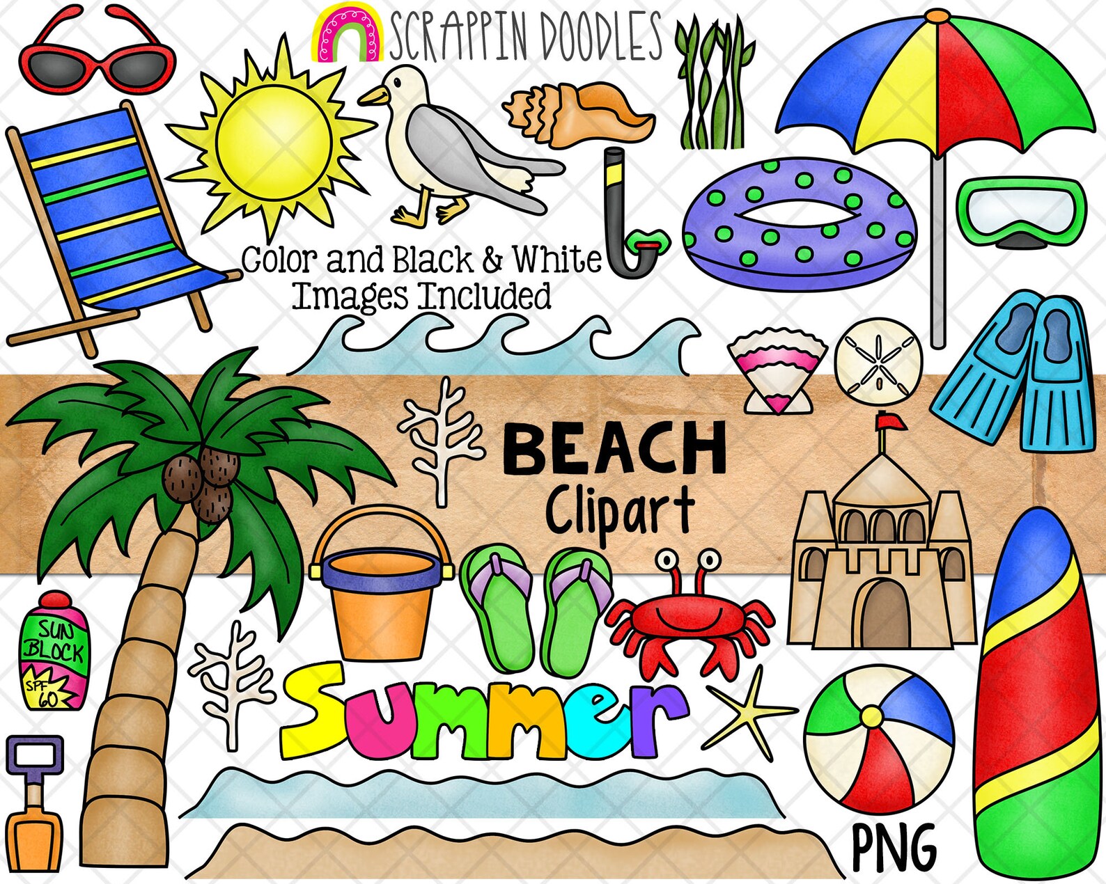 Beach Clipart - Sandcastle - Summer Sea Clip Art - Palm Tree - Surf ...