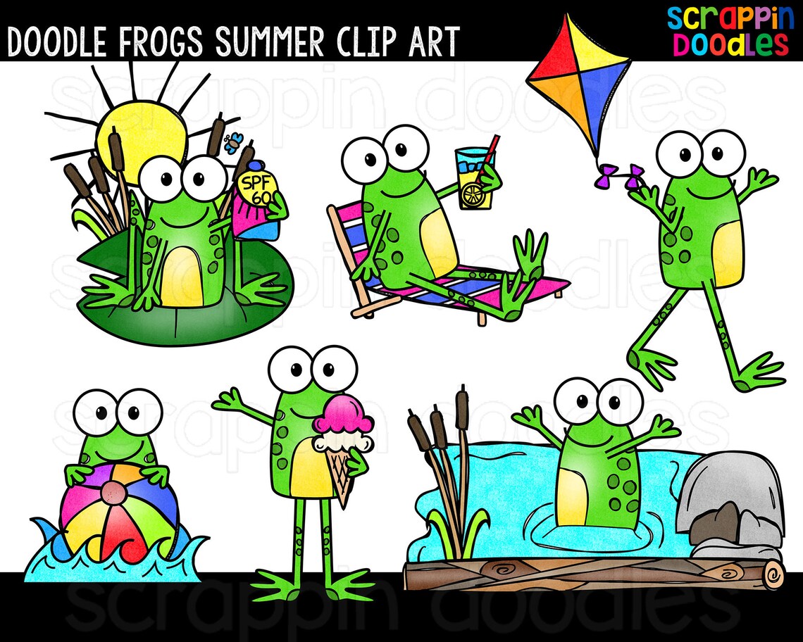 Doodle Frogs Summer Clip Art - Cute Frog Graphics - Seasonal Frogs ...