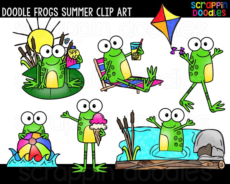 Doodle Frogs Summer Clip Art Cute Frog Graphics Seasonal - Etsy