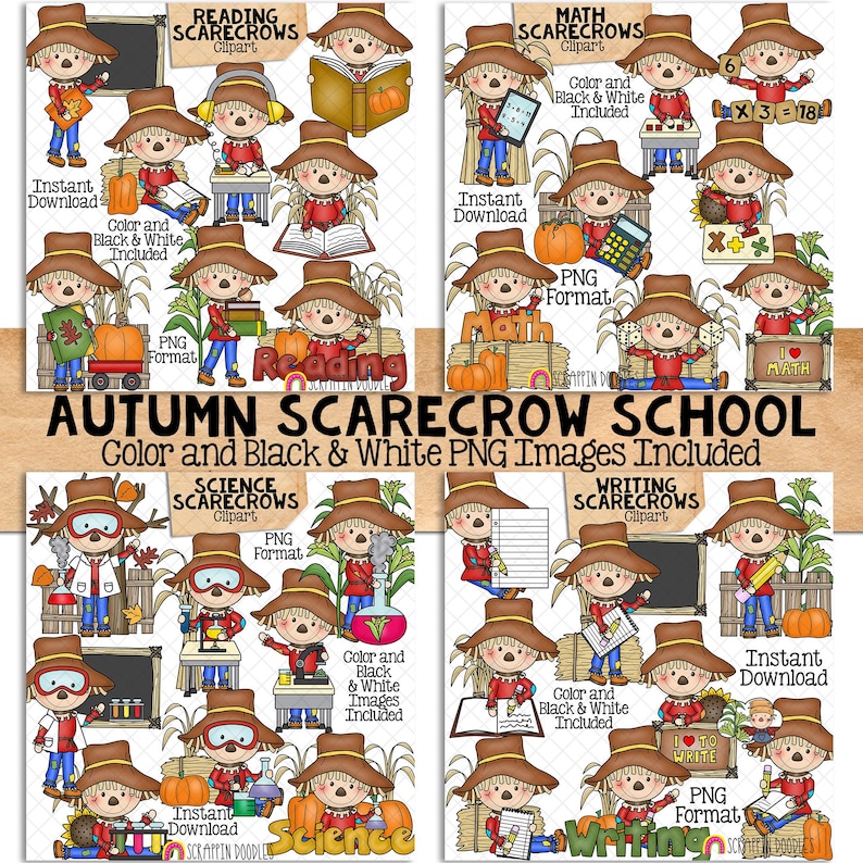 School Scarecrows Clip Art Bundle - Math - Science - Reading - Writing ...