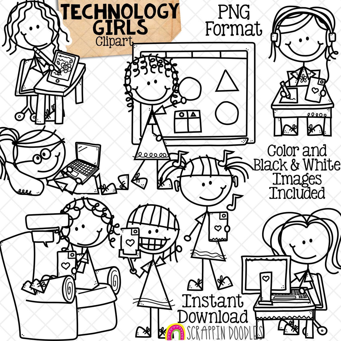Technology Clip Art - Doodle Girls Clipart - Drawing on iPad - Computer ...