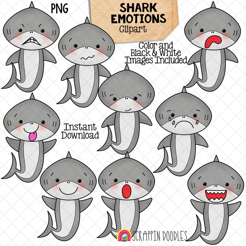 Shark Emotions Clip Art - Grey Shark Clipart - Sharks Making Different ...