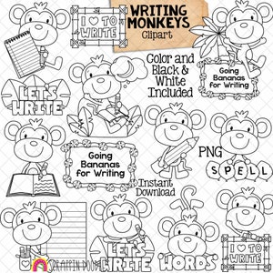 Monkey Clip Art - Monkeys Writing and Spelling - Jungle Animals ...