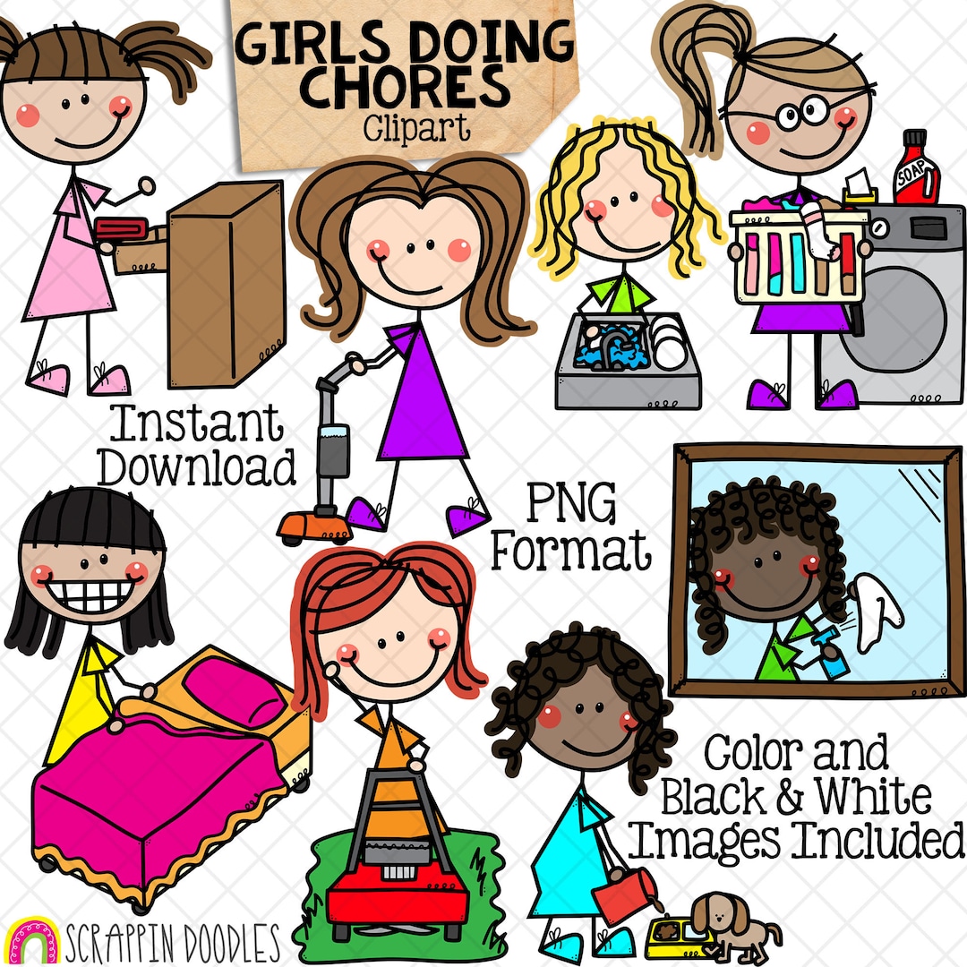 Household Chores Clipart - Doodle Girls Clip Art - Kids Doing Chores ...