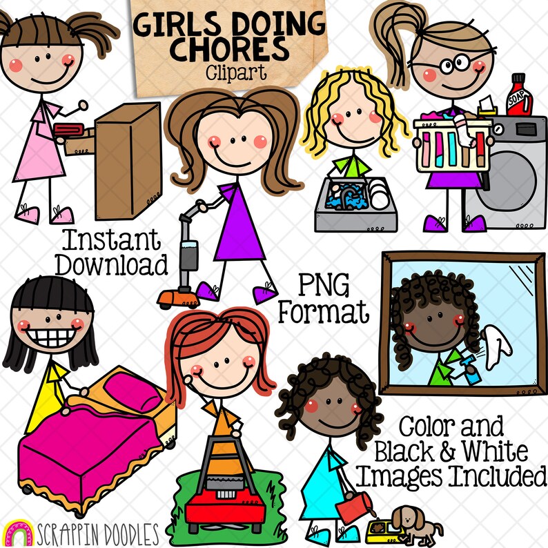 Household Chores Clipart Doodle Girls Clip Art Kids Doing Chores ...