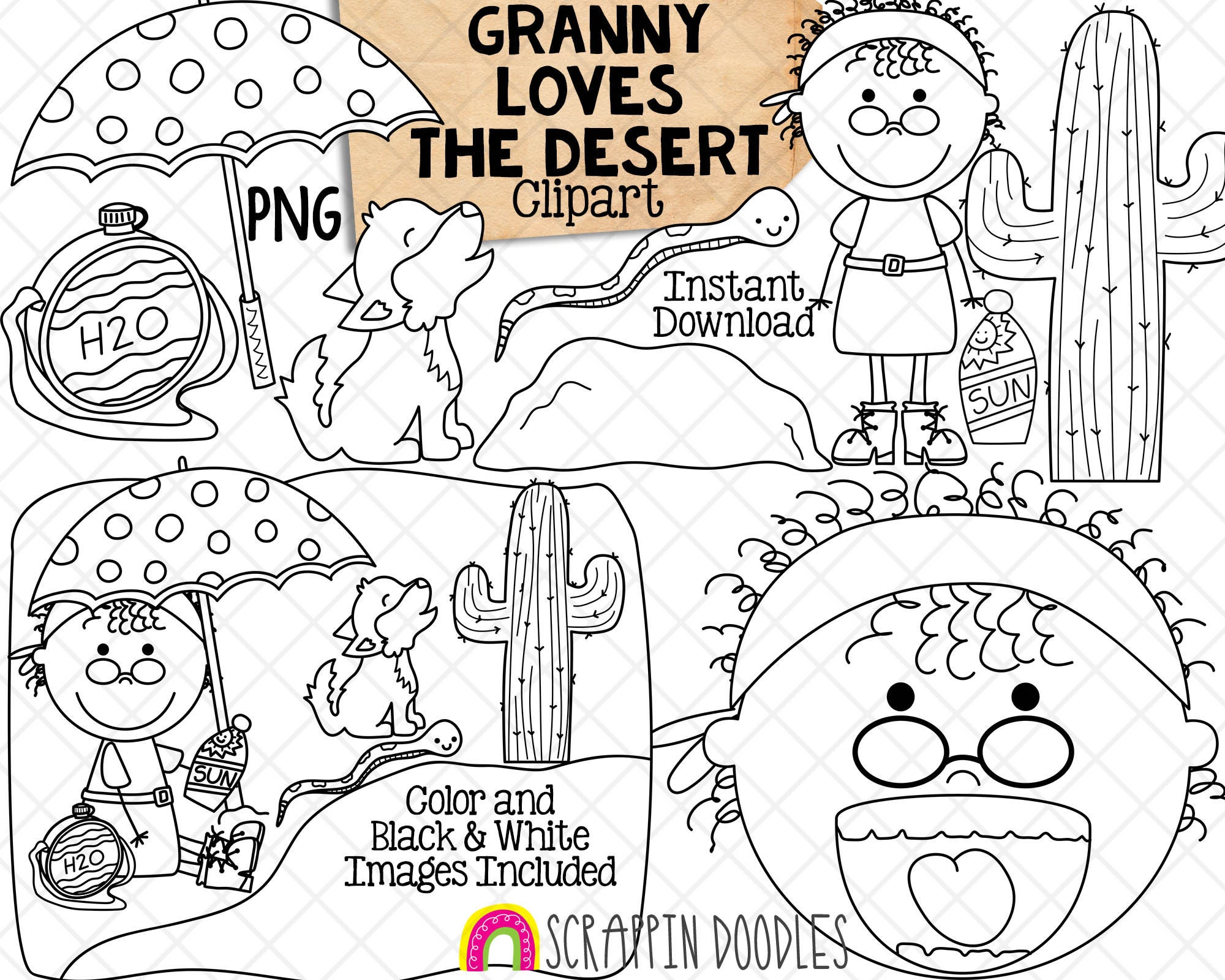 Old Lady Swallowed a Cactus Clip Art - Hand Drawn PNG - Granny Loves ...