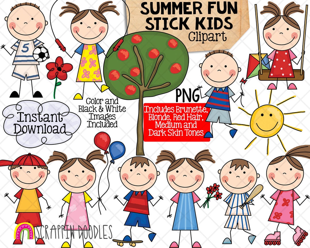 Stick Kids Summer Fun Clip Art - Various Hair Colors - Stick Figures ...