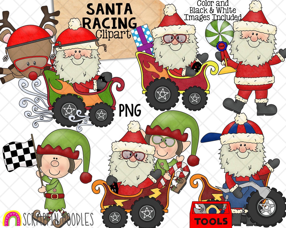 Santa Claus Racing Clipart - Christmas Race Cars Clip Art - Reindeer ...