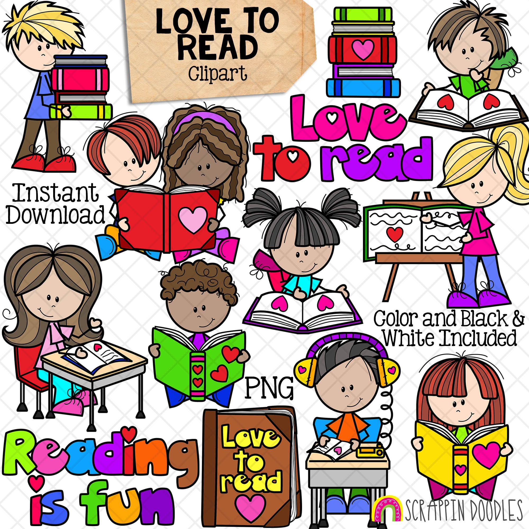 Love to Read Clip Art Kids Reading Books Valentine Reading Commercial ...