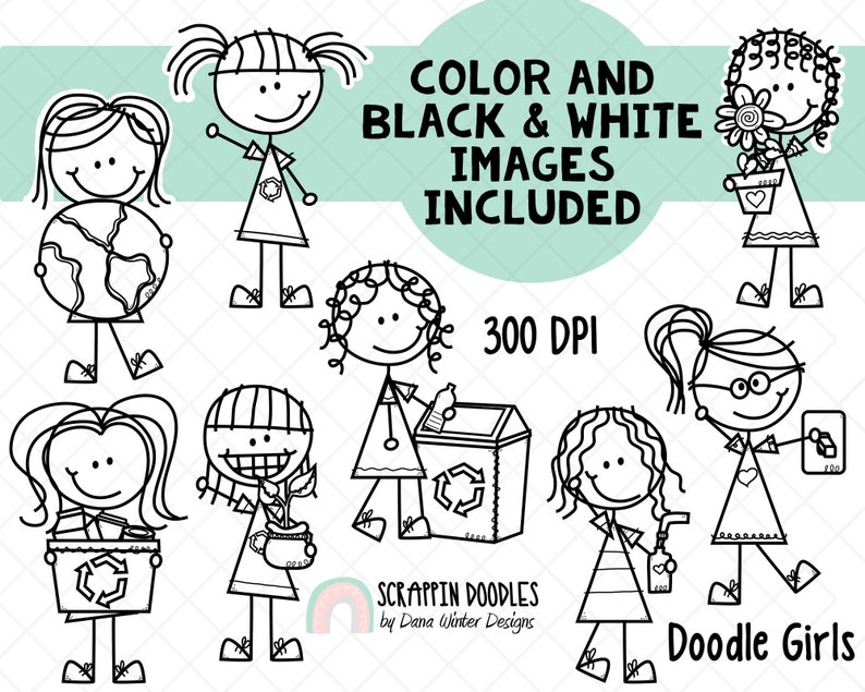 Earth Day Clipart Doodle Earth Day Girls Instant Download Environmental ...