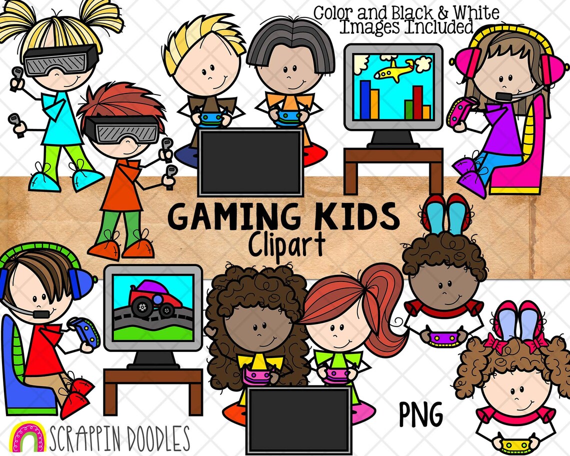 Gaming Clipart Kids Playing Video Games Virtual Reality - Etsy