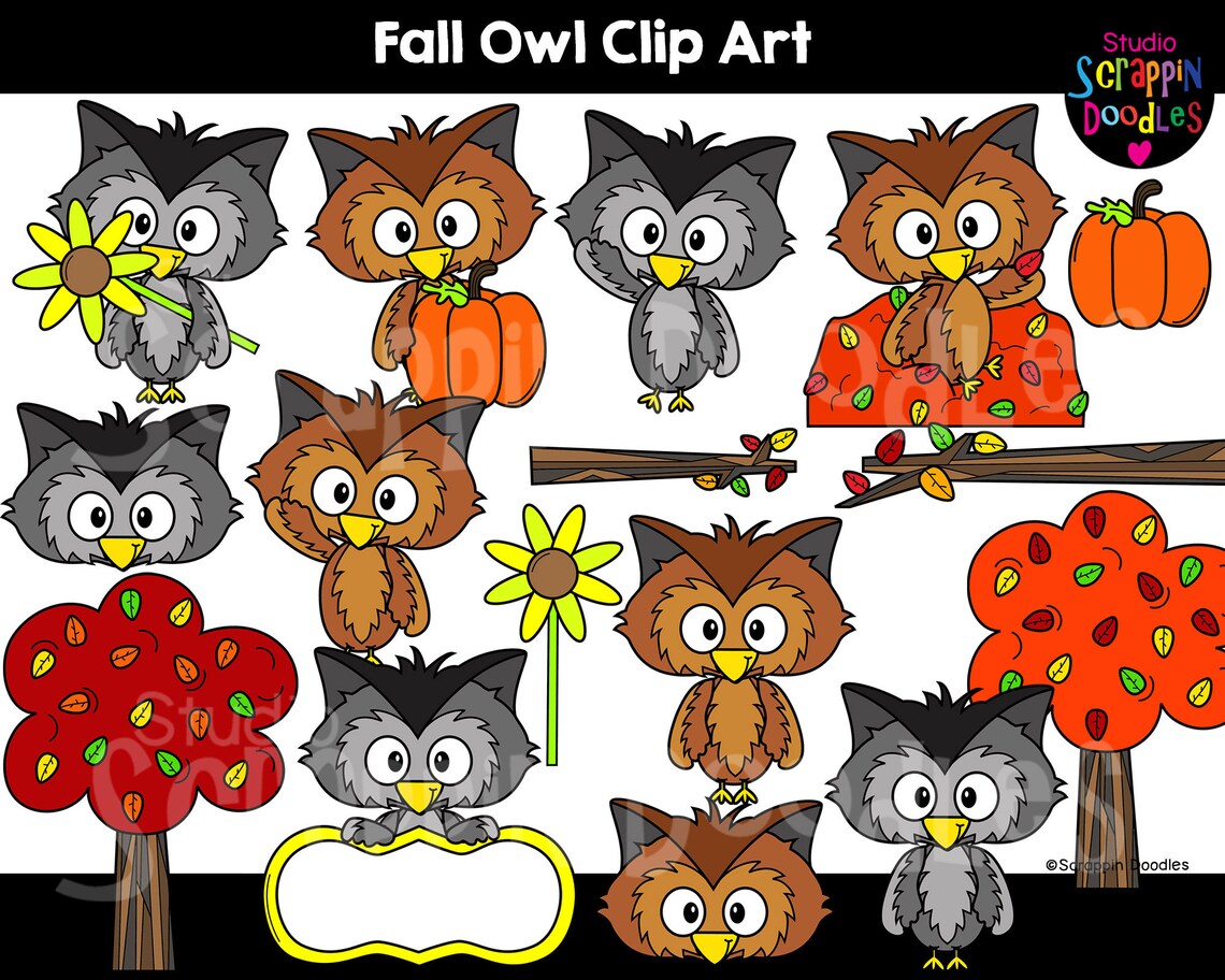 Fall Owls Clip Art Cute Autumn Owl Graphics - Etsy