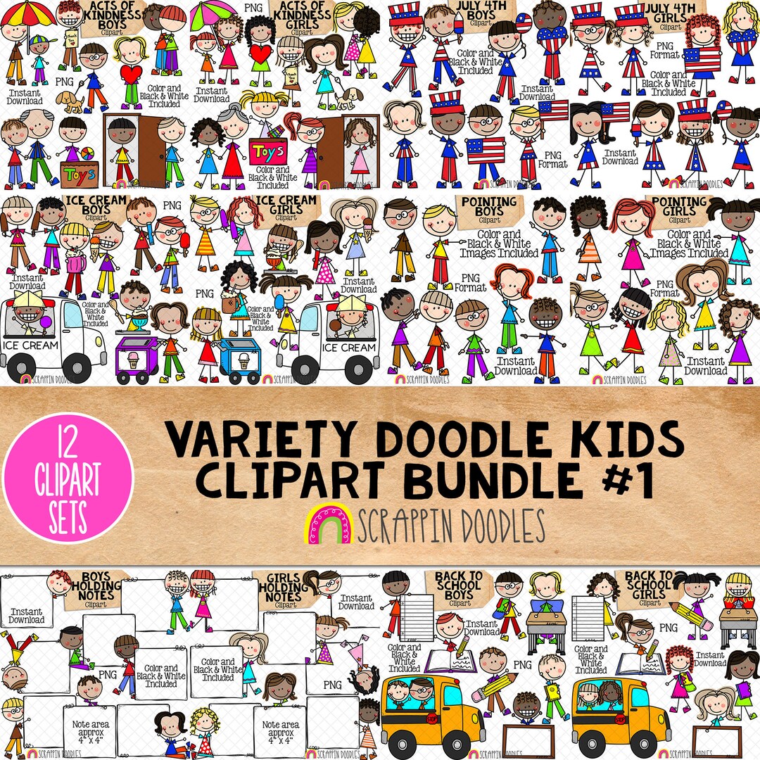 Doodle Kids Clipart Bundle - Doodle Boys and Girls Bundle 1 - Ice Cream ...