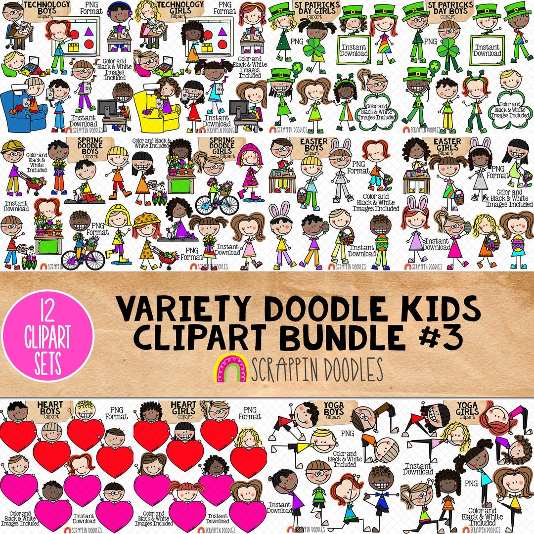 Doodle Kids Clipart Bundle 3 - Doodle Boy and Girl Bundle 3 - St ...