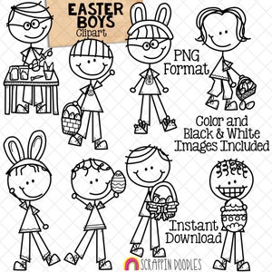 Easter Boys Clipart - Doodle Boy Easter Clip Art - Egg Hunt - Painting ...