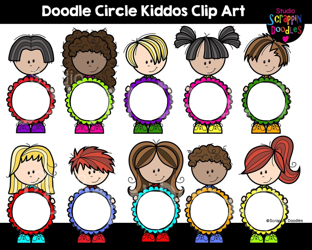 Doodle Circle Kiddos Clip Art - Kids Holding Circles, Labels Graphics ...