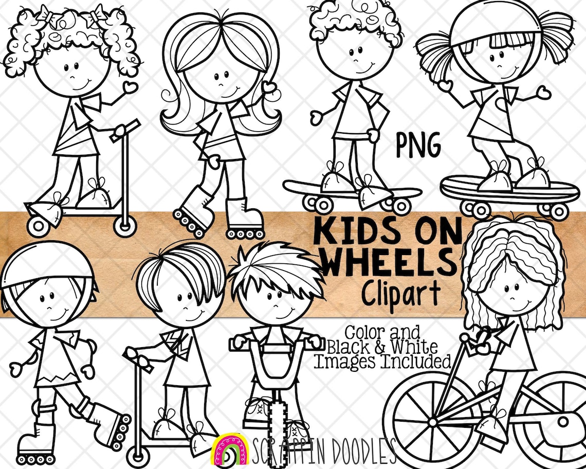 Kids on Wheels Clipart Skateboading Kids Riding a Bike - Etsy