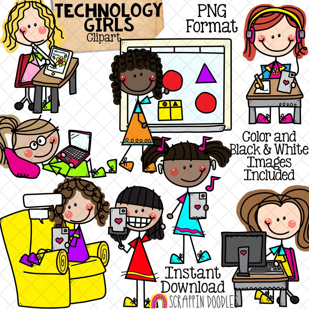 Technology Clip Art - Doodle Girls Clipart - Drawing on iPad - Computer ...