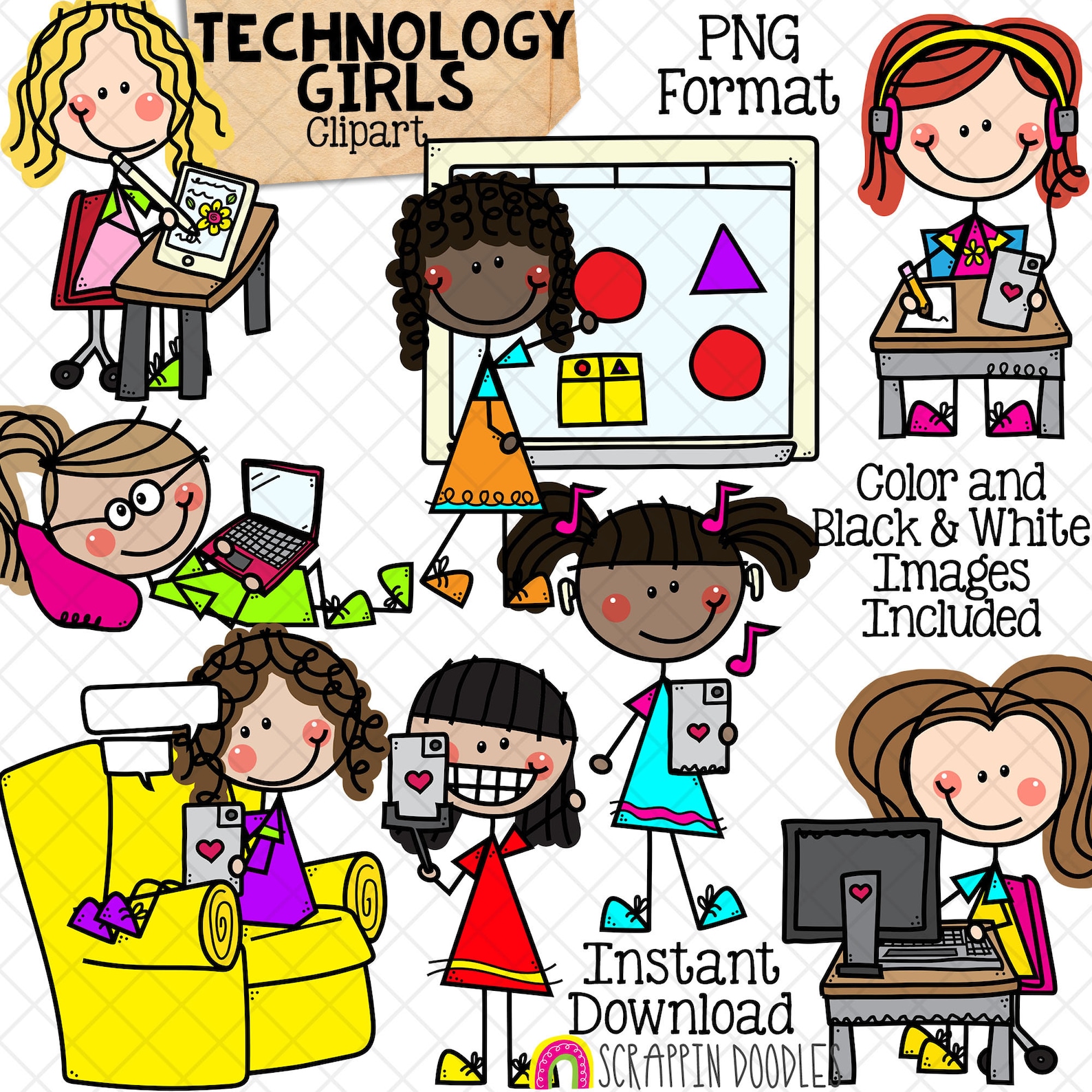 Technology Clip Art - Doodle Girls Clipart - Drawing on iPad - Computer ...
