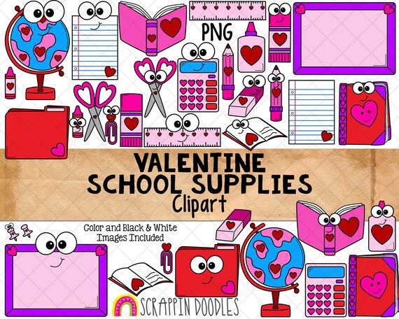 School Supplies Clipart Valentine's Day Clip Art | Etsy Canada