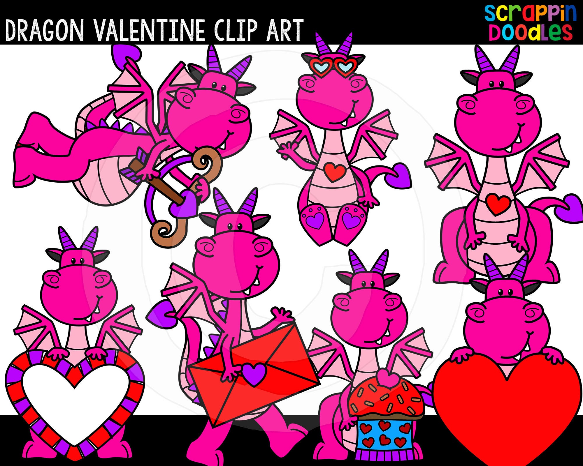 Dragon Valentine Clip Art - Cute Commercial Use Valentine's Day Dragon ...