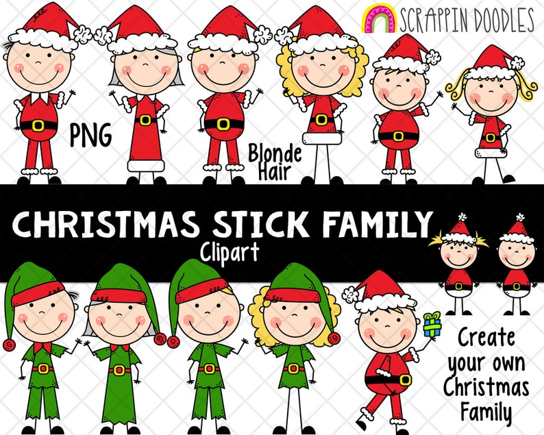 Christmas Stick Family Clip Art Various Hair Colors Stick | Etsy