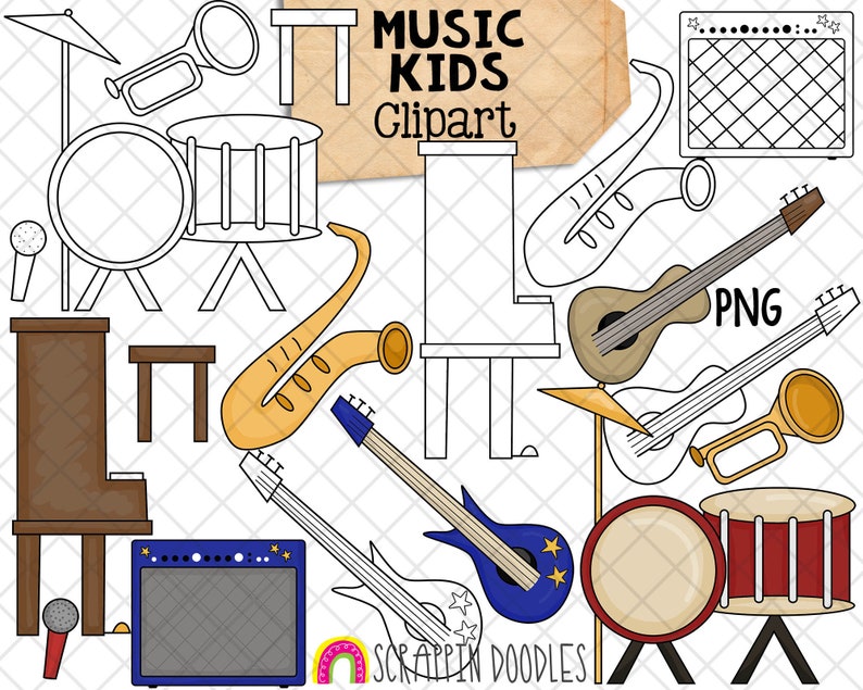 Music Clipart Kids Band Clip Art Instruments Piano Guitar Drum Set ...
