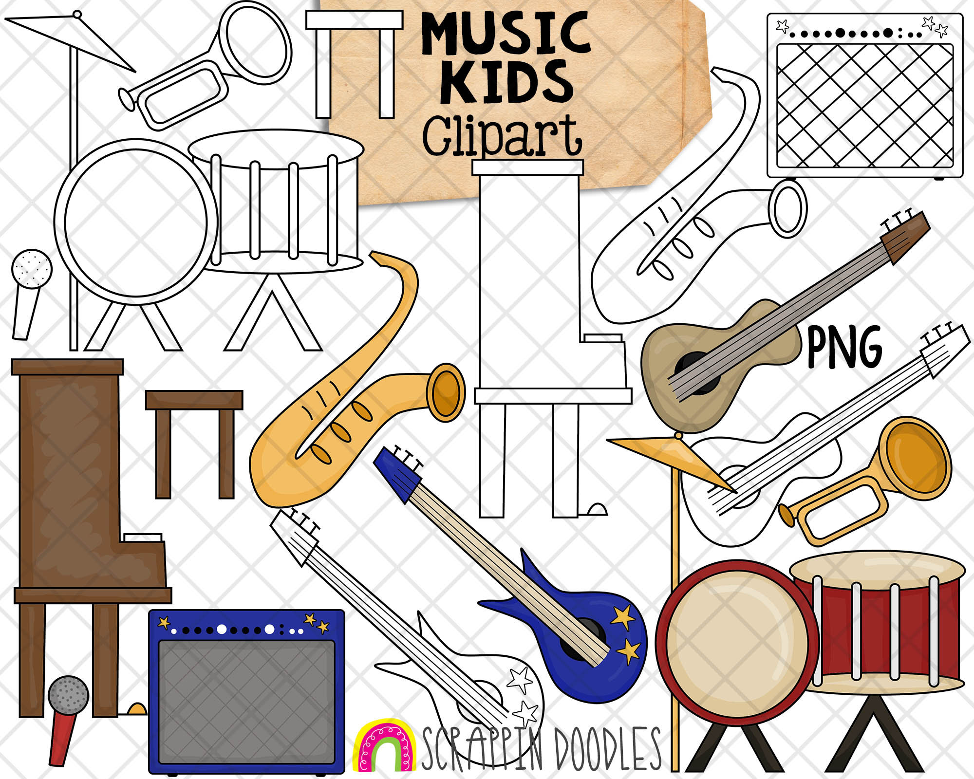 Music Clipart Kids Band Clip Art Instruments Piano Guitar Drum Set ...