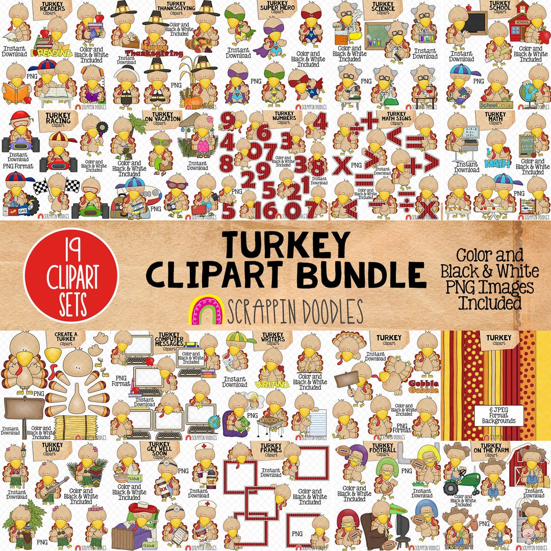 Turkey Clipart Bundle - Cute School Turkeys Clipart - Everyday Turkeys ...